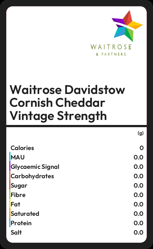 Calories and Ingredients in Waitrose Davidstow Cornish Cheddar Vintage ...